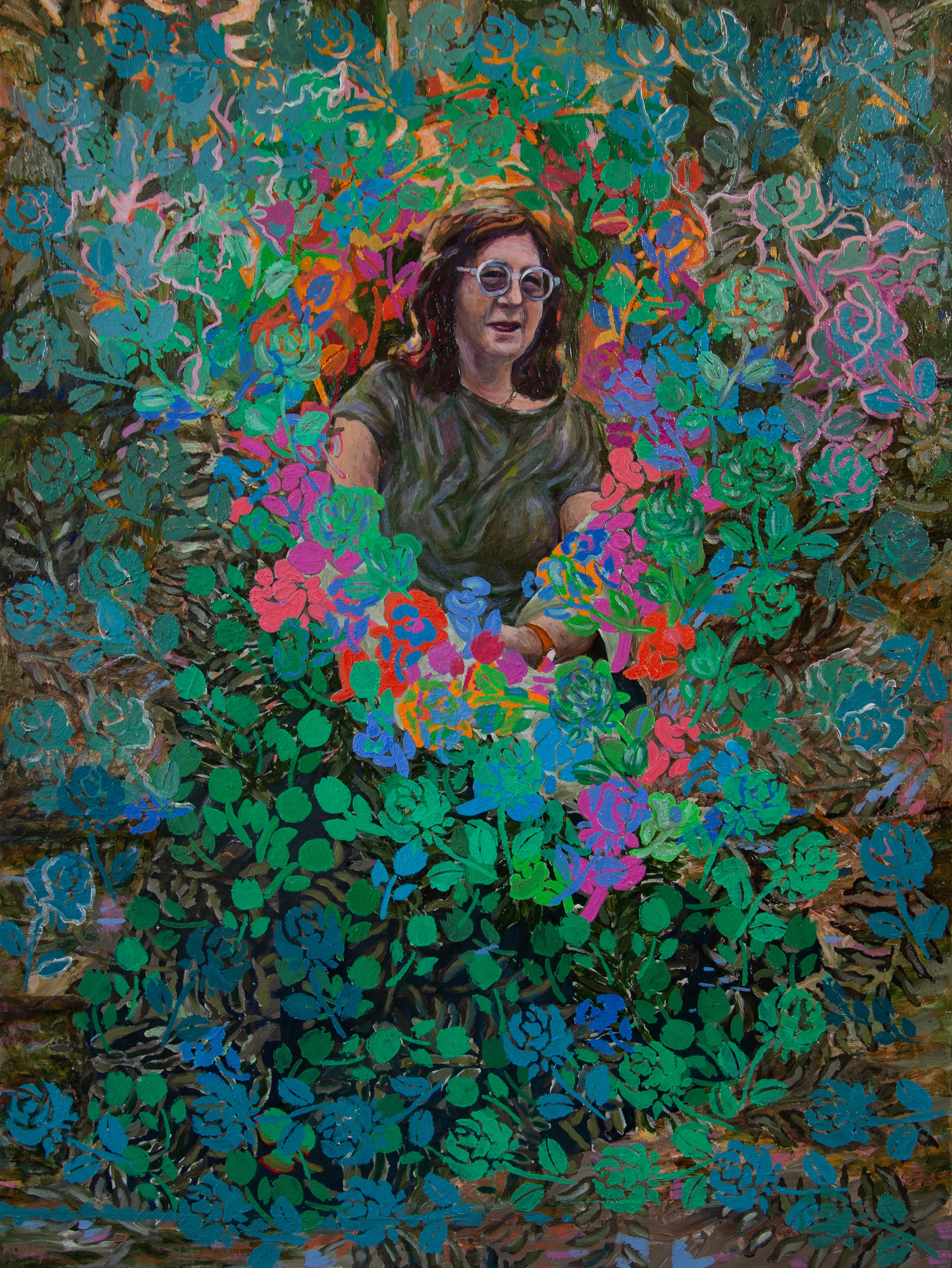 Portrait painting of Dr. Helen Light AM surrounded by the urban forest.